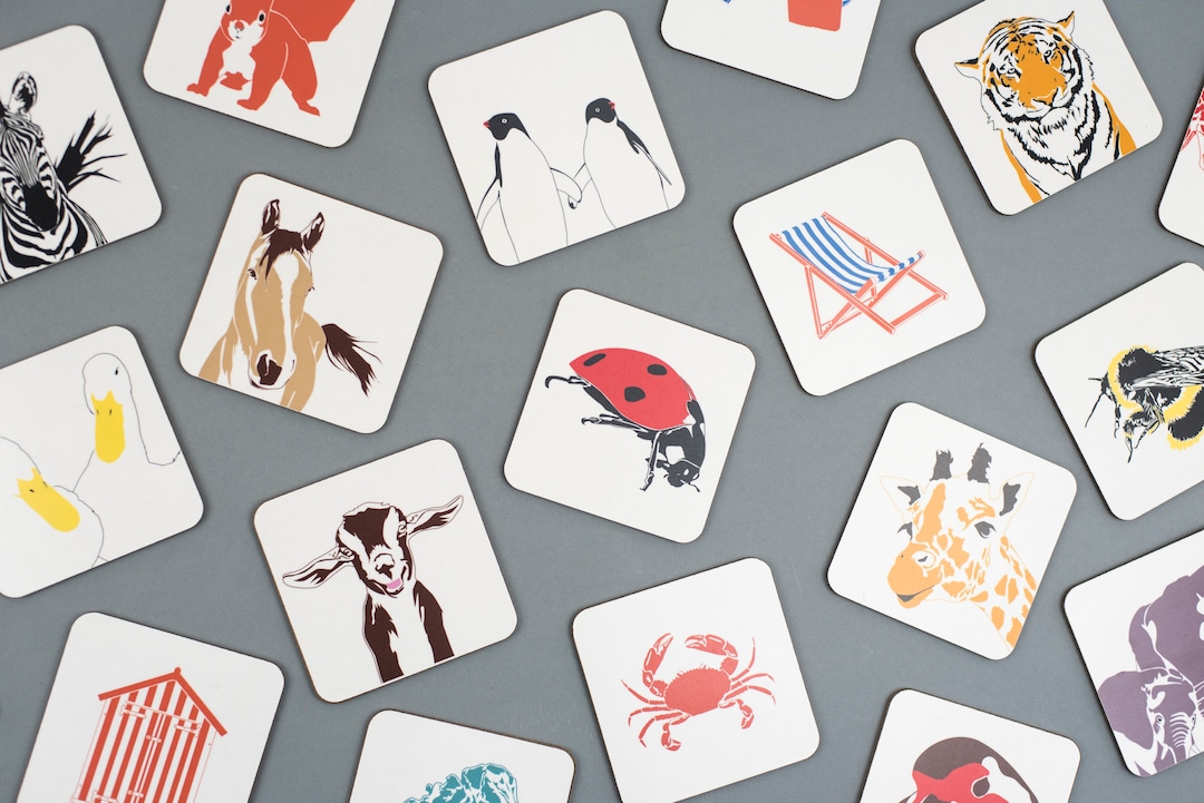 Animal Illustration Coaster Set: Melamine Drink Coasters, UK Made - Etsy