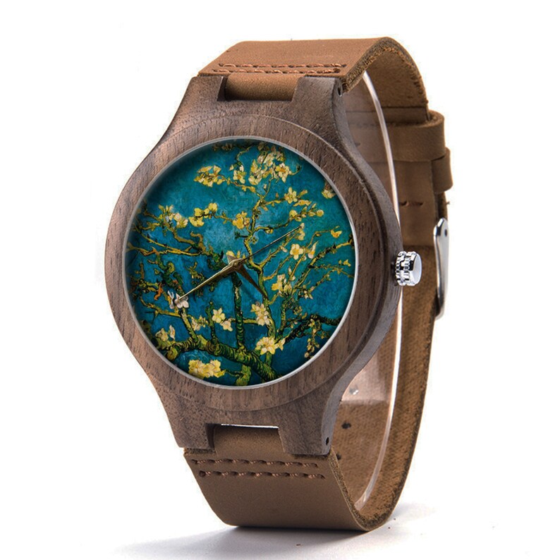 Van Gogh Wood Leather Watch, Almond Blossoms Wood Watch, Art Unisex ...