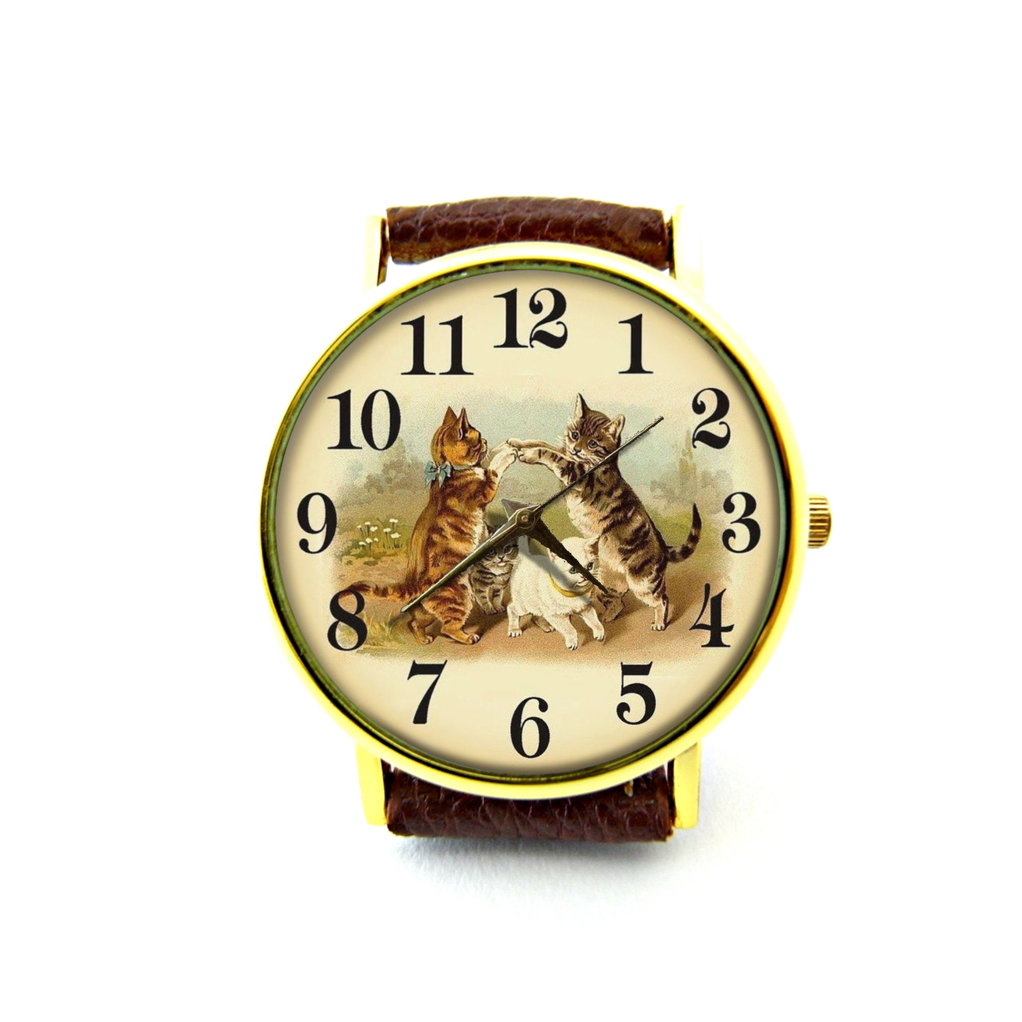 Vintage Cat Leather Watch, Cat Art Watch, Unisex Watch, Cute Cat Lovely ...