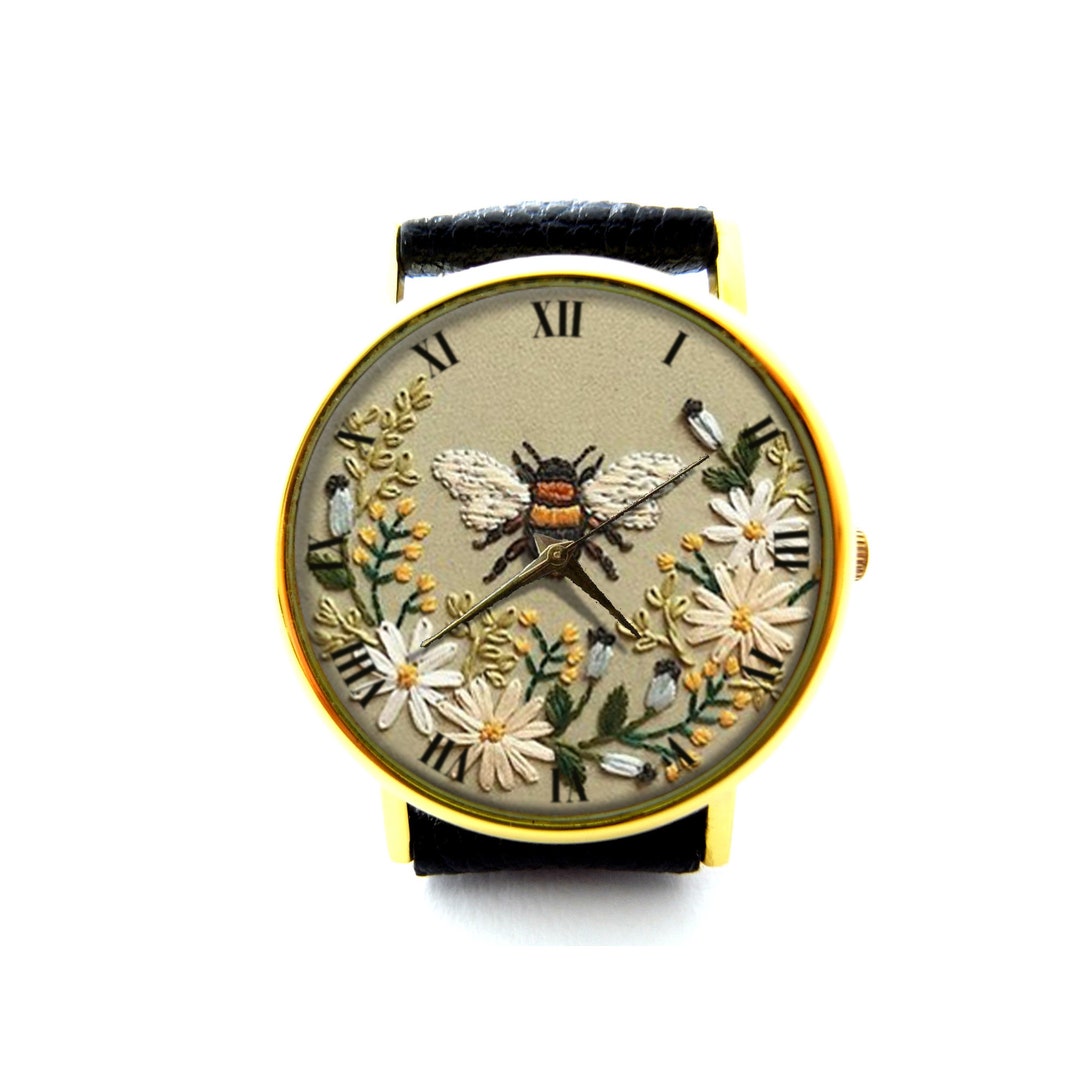 Embroidery Effect Print Honey Bee Leather Watch, Honey Bee Unisex Watch ...