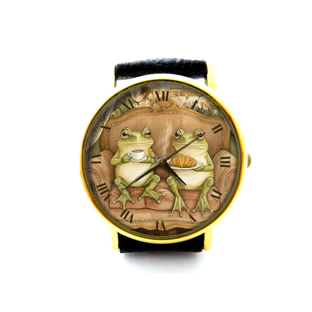 Frog Enjoying Breakfast Leather Watch, Cute Frog Ladies Watch, Unisex ...