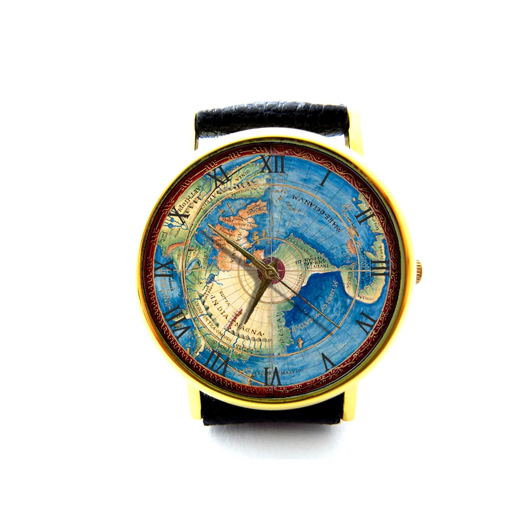 World Map Leather Watch, Map Watch, Vintage Map Watch, Antique Map ...