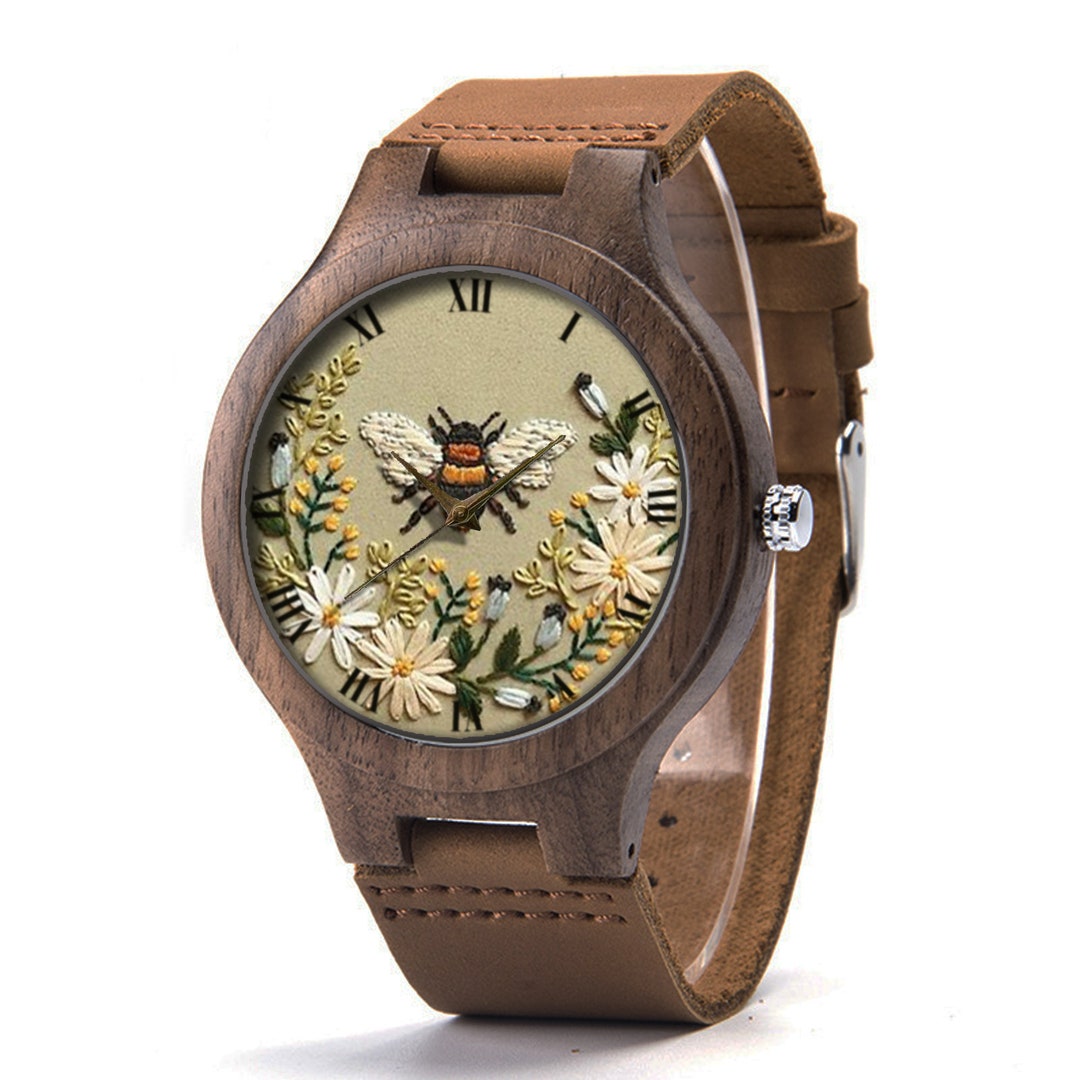 Embroidery Effect Print Honey Bee Wood Leather Watch, Honey Bee Wood ...
