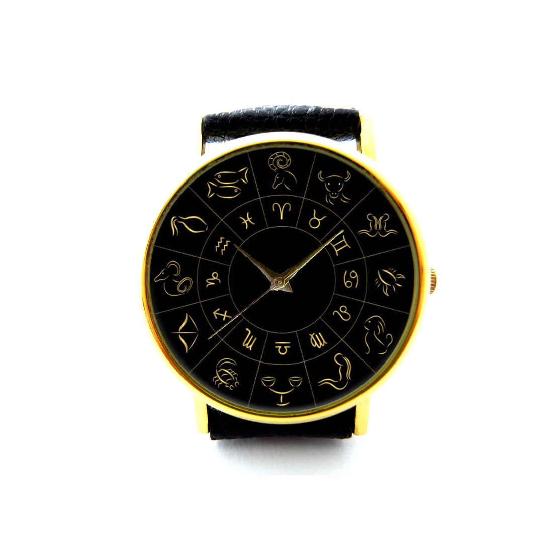 Horoscope Wheel of Zodiac Signs Leather Watch, Zodiac Signs Ladies ...