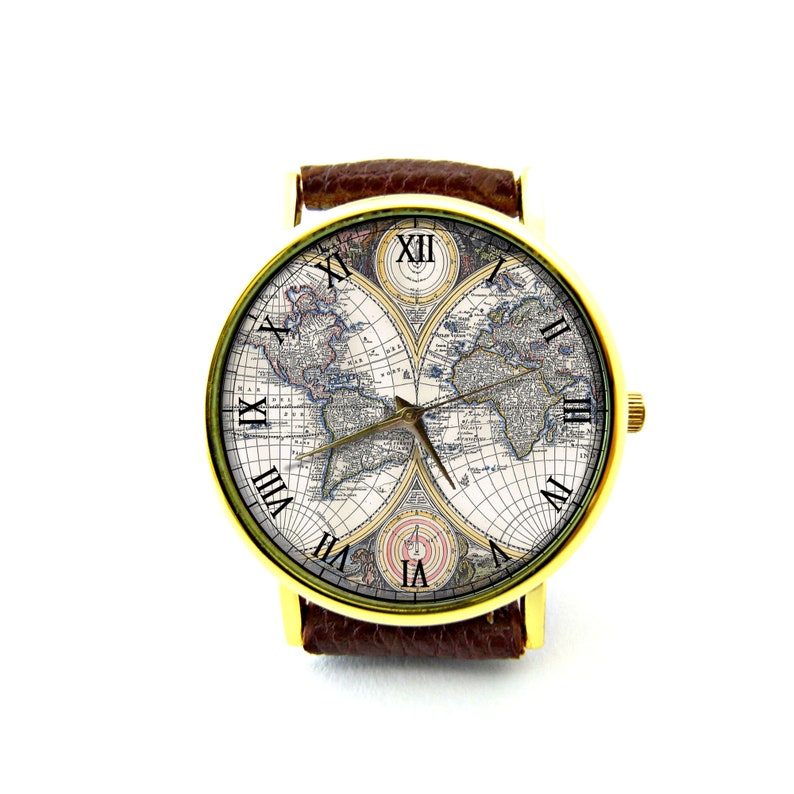 Vintage World Map Leather Watch, Map Watch, Unisex Watch, Ladies Watch ...