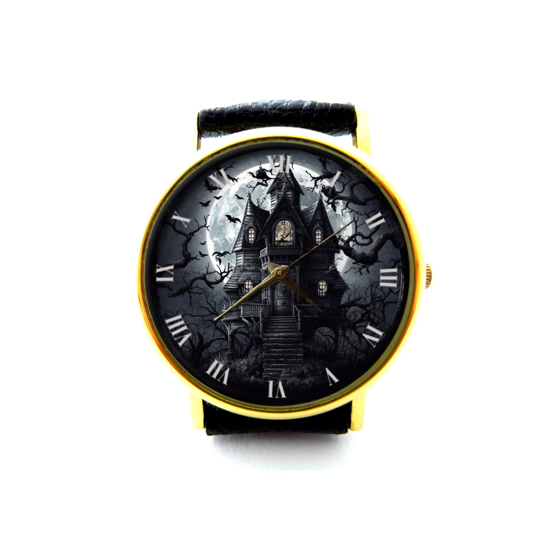 Scary House Leather Watch, Horror House Watch, Bat Moon Watch, Unisex ...