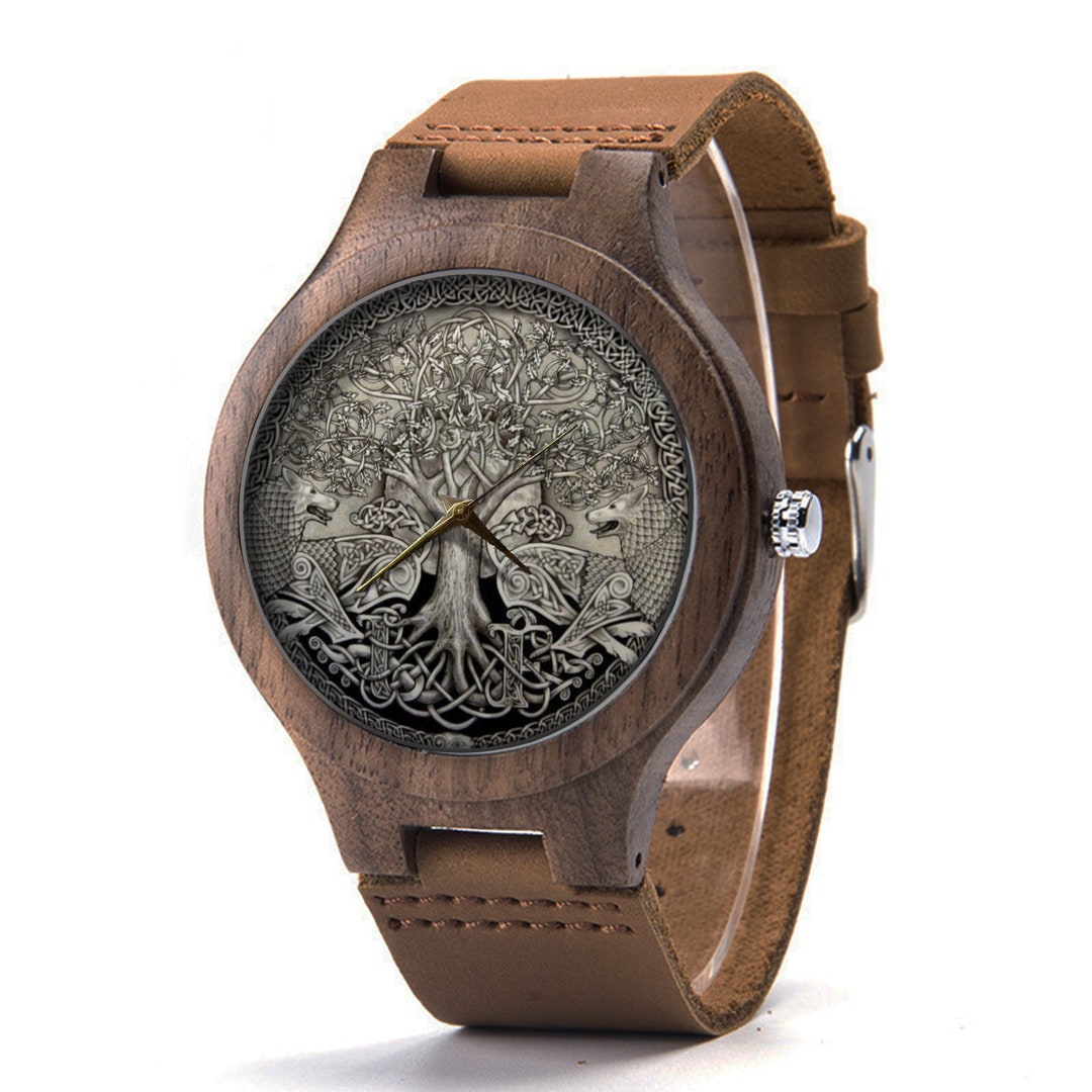 Norse Tree of Life Leather Wood Watch, Magic Tree Wood Watch, Celtic ...