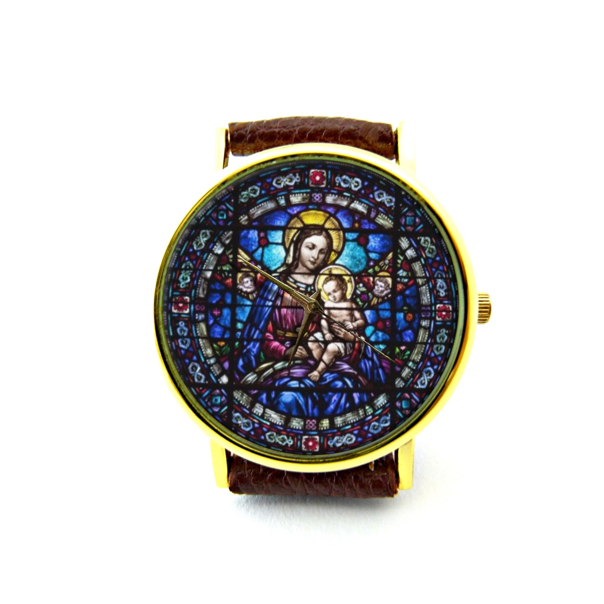 Virgin Mary and Child Stained Glass Leather Watch Virgin Mary | Etsy