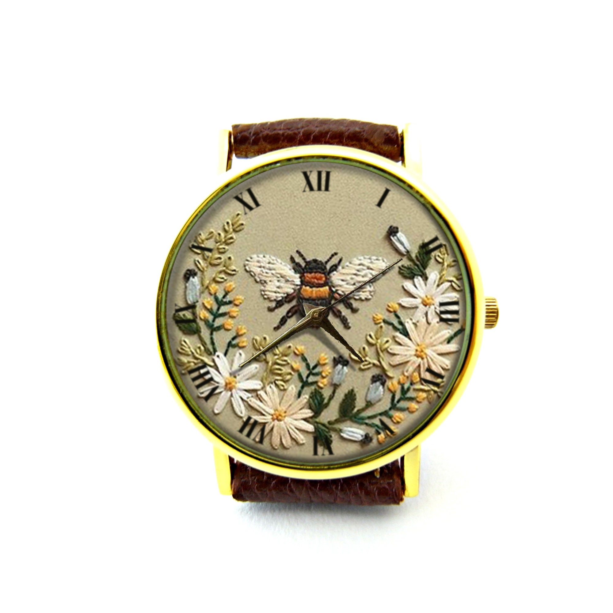 Embroidery Effect Print Honey Bee Leather Watch, Honey Bee Unisex Watch ...