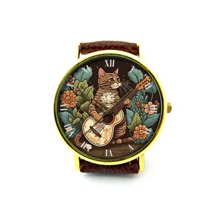 Cat Playing Guitar Leather Watch, Cat Music Ladies Watch, Unisex Watch ...