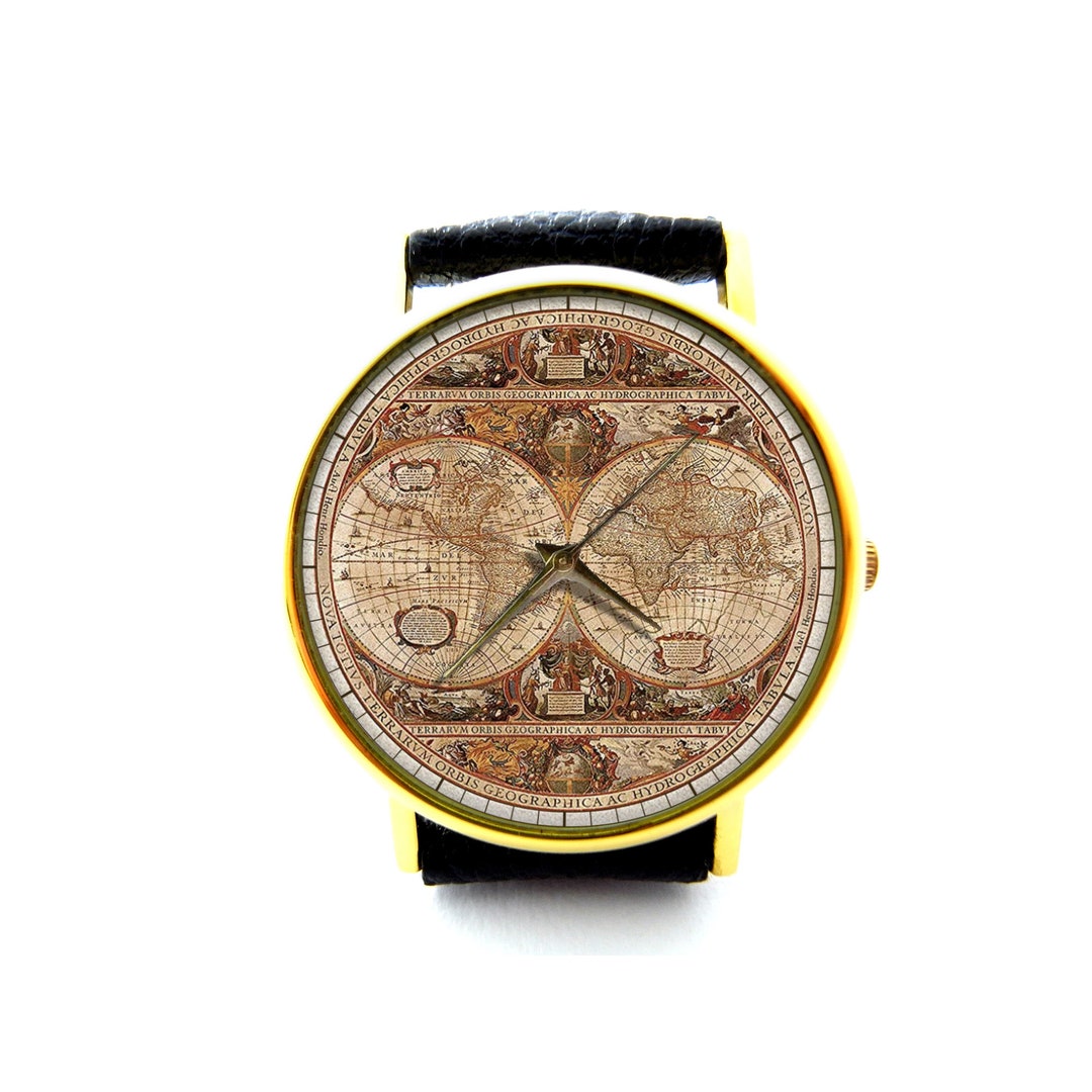 Antique World Map Leather Watch, World Map Ladies Watch, Unisex Watch ...