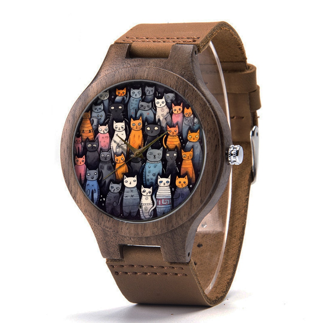 Reloj de madera y cuero con diseño de gatos de la gran familia, reloj ...