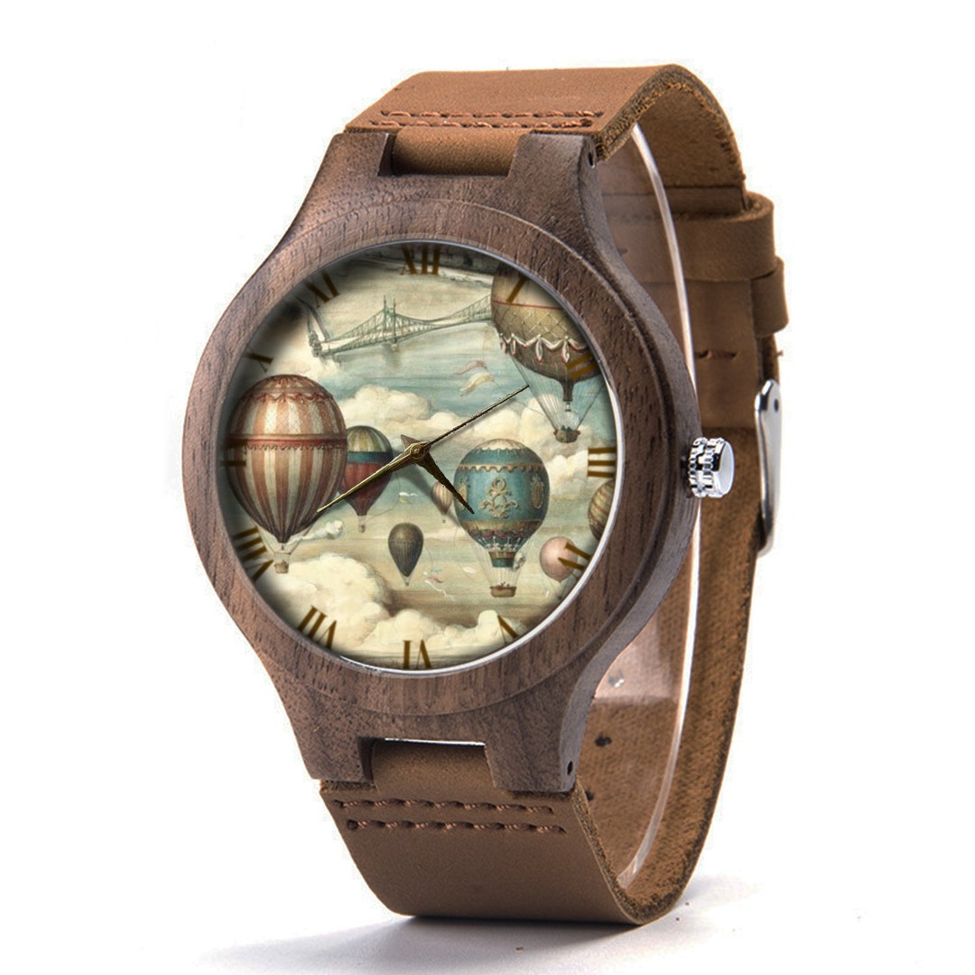 Vintage Hot Air Balloons Wood Leather Watch, Antique Balloons Wood ...