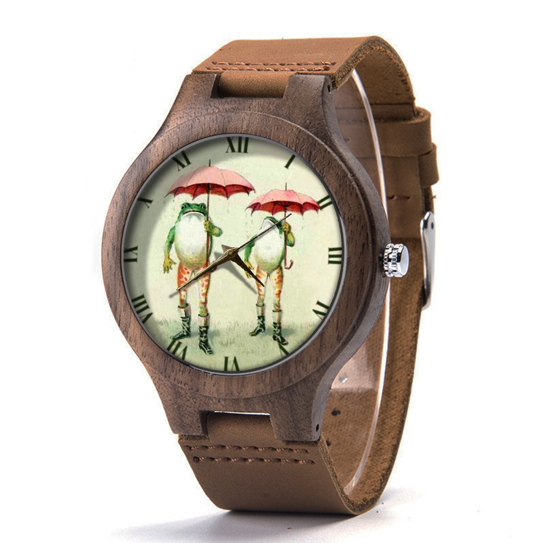 Frogs With Umbrellas Wood Leather Watch, Frog Wood Watch, Frog Watch ...