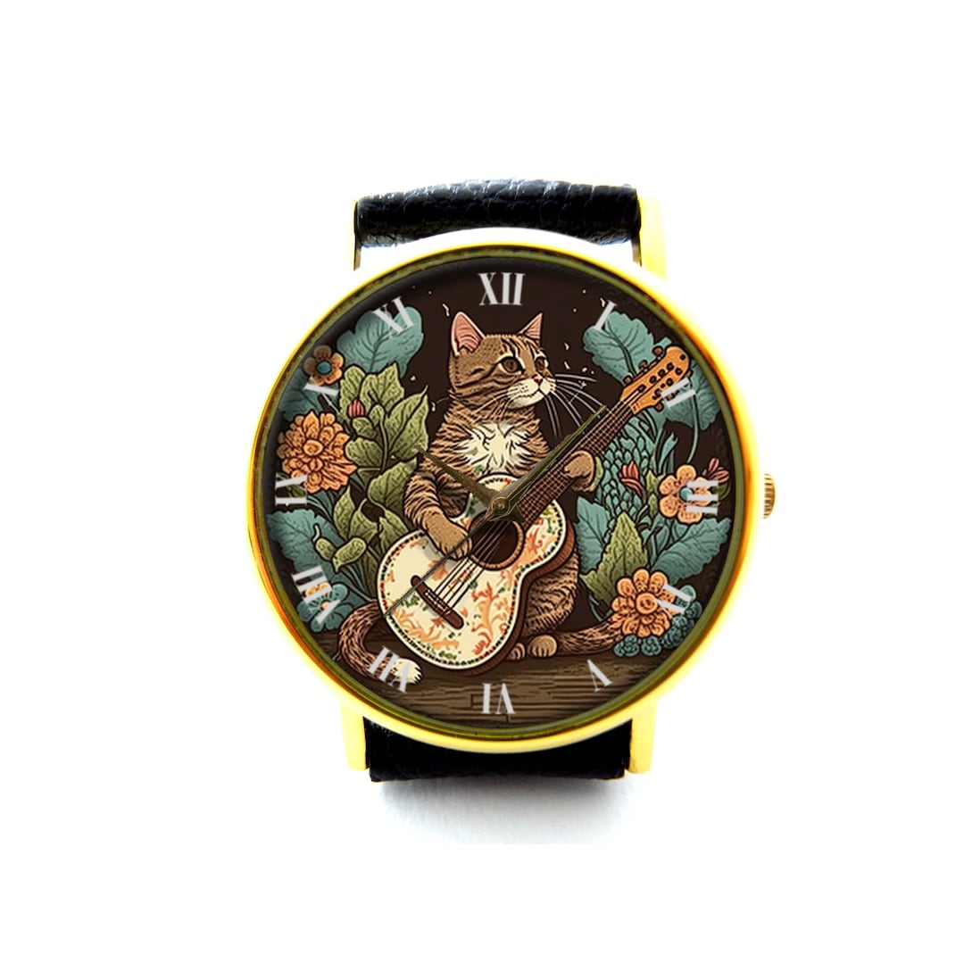Cat Playing Guitar Leather Watch, Cat Music Ladies Watch, Unisex Watch ...