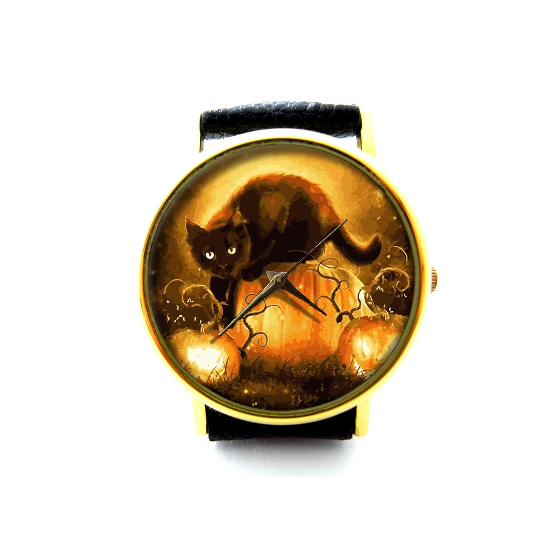 Black Cat Pumpkin Leather Watch, Halloween Ladies Watch, Black Cat ...