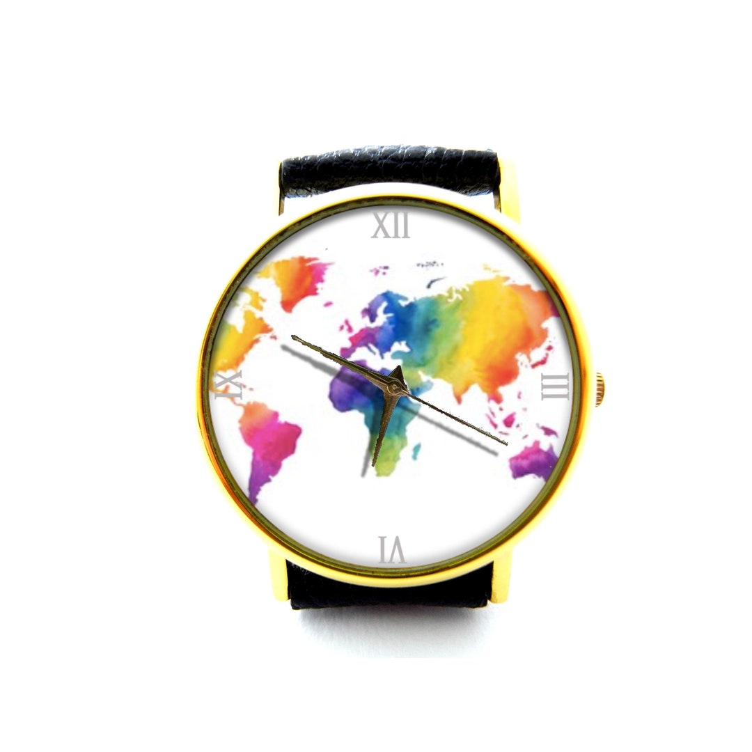 Rainbow World Map Leather Watch, Watercolour World Map Ladies Watch ...