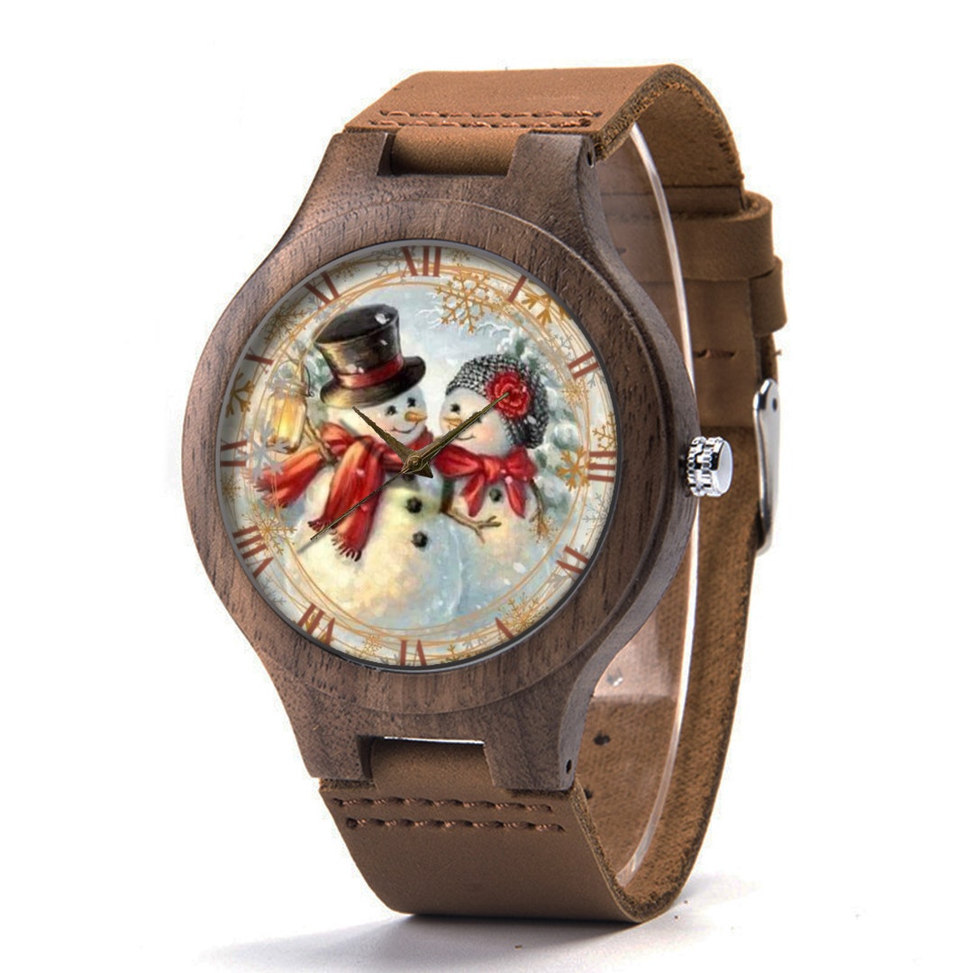 Vintage Snowmen Wood Leather Watch, Snowman Wood Watch, Christmas Watch ...