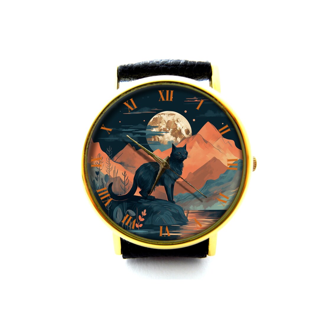 Black Cat and Moon Leather Watch, Full Moon Cat Ladies Watch, Cat ...