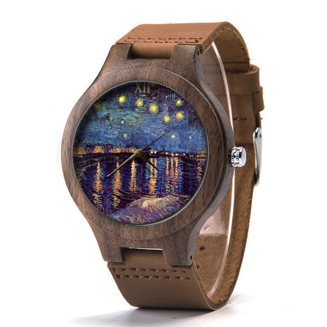 Starry Night Over the Rhone Wood Leather Watch, Van Gogh Art Jewelry ...