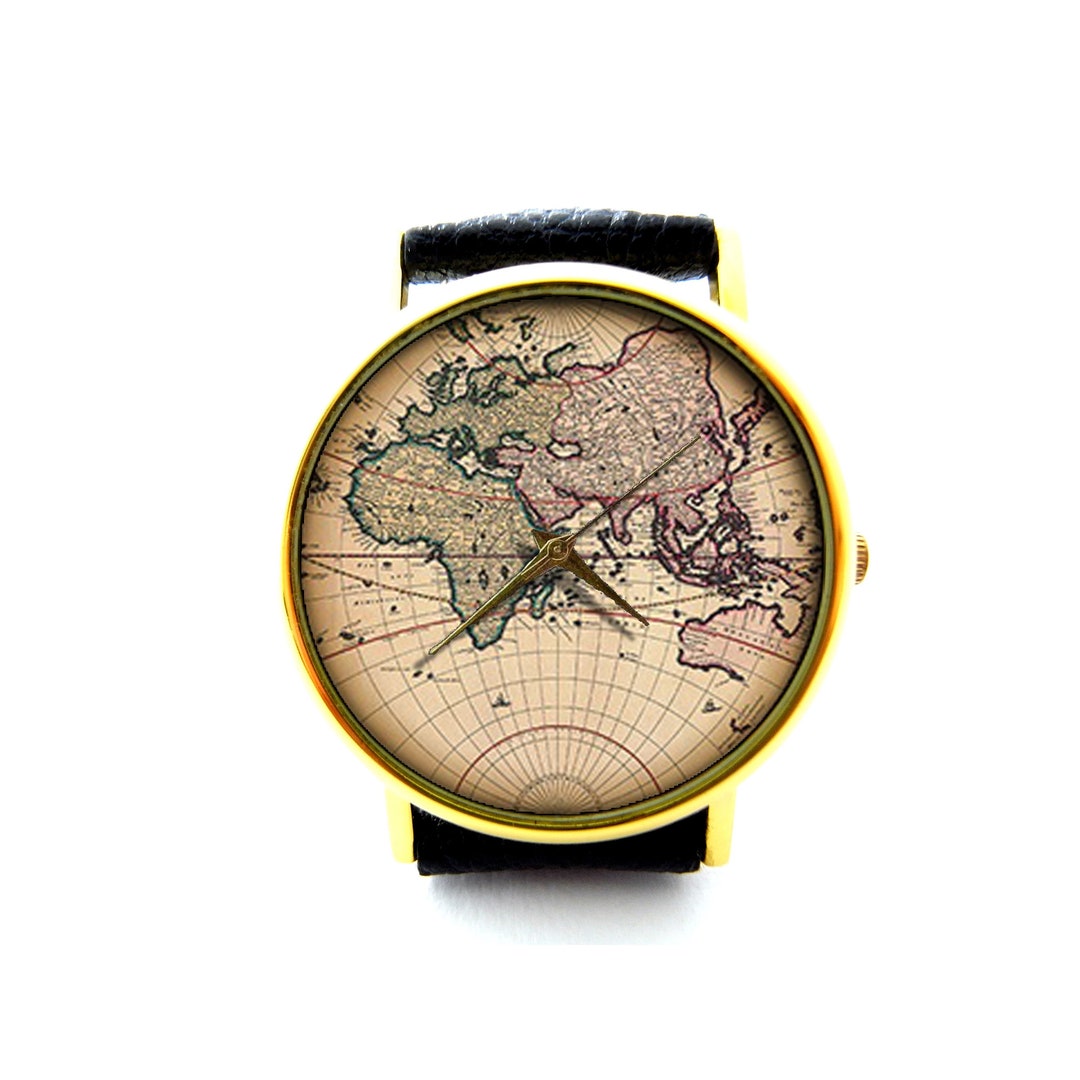 Vintage Map Leather Watch, Antique Map Leather Watch, Unisex Watch ...