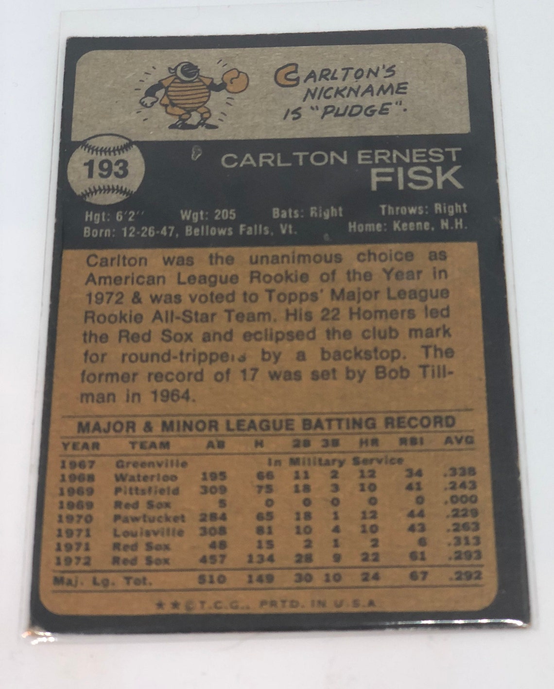 1973 Carlton Fisk Topps All Star Rookie Card #193 - Etsy