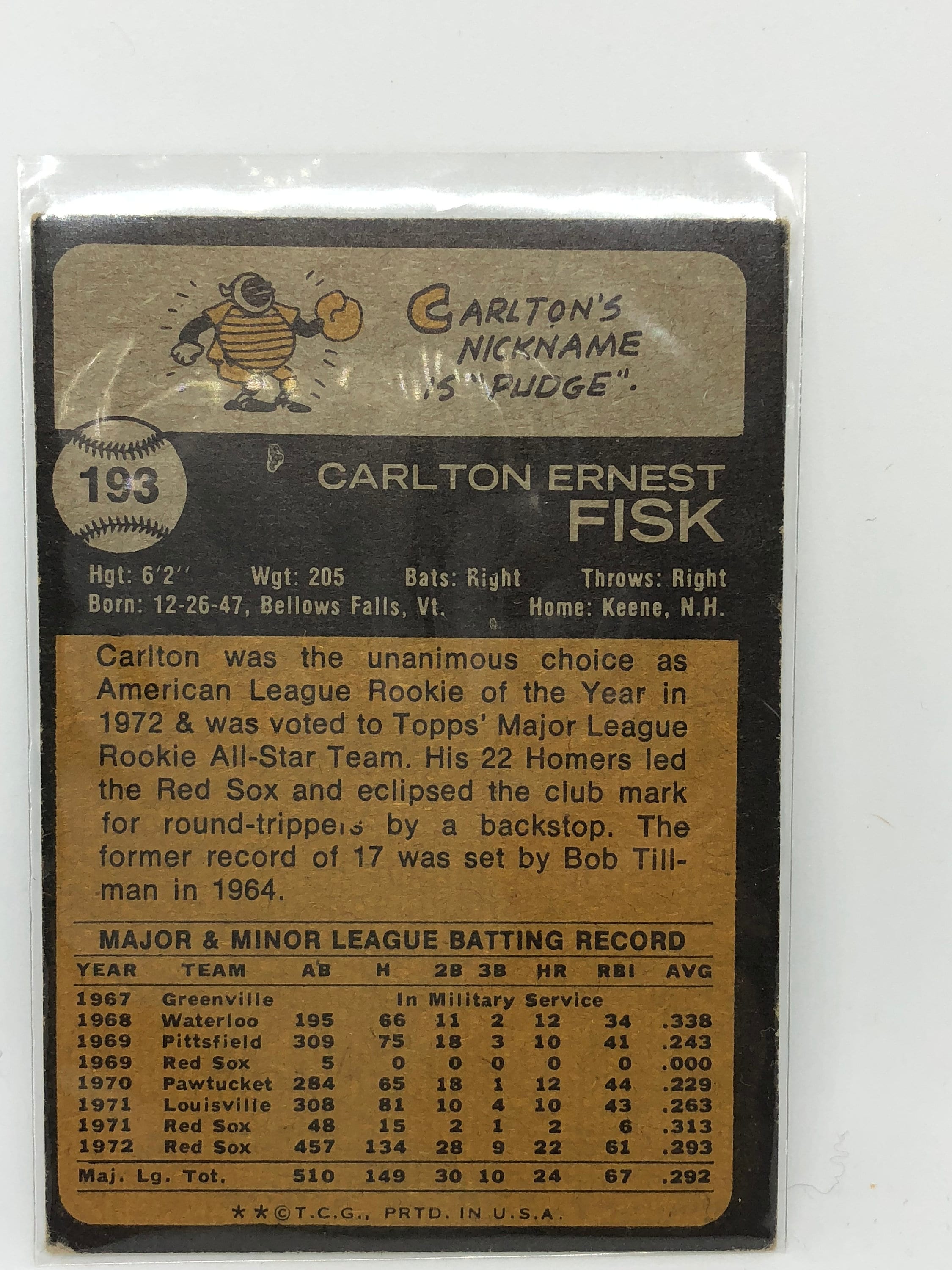 1973 Carlton Fisk Topps All Star Rookie Card #193 - Etsy