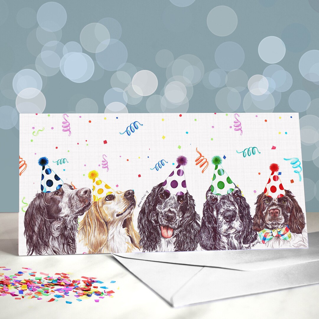 Cocker Spaniel Birthday Card - Party Hats on Roan Coloured Spaniels ...