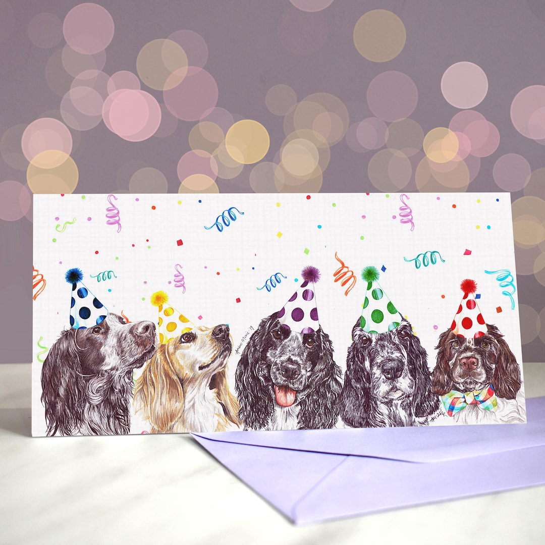 Cocker Spaniel Birthday Card Party Hats on Roan Coloured Spaniels ...