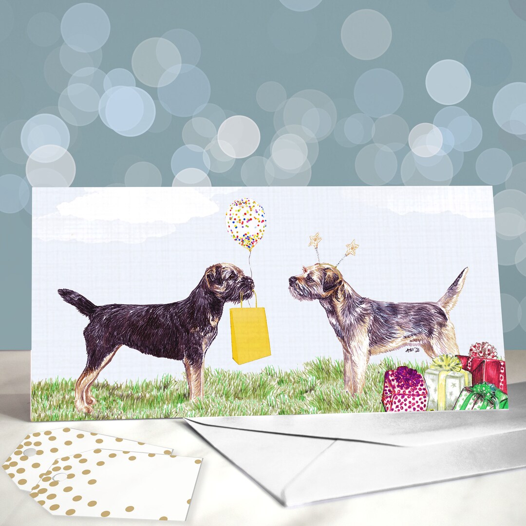Border Terrier Greeting Cards - Party Hats on Different Borders / Blank ...