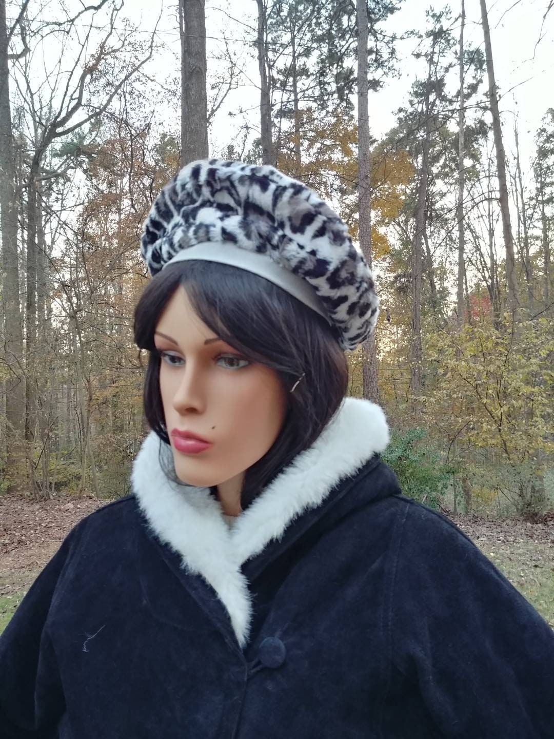 White & Gray Leopard Fuax Fur Animal Print Hat - Etsy