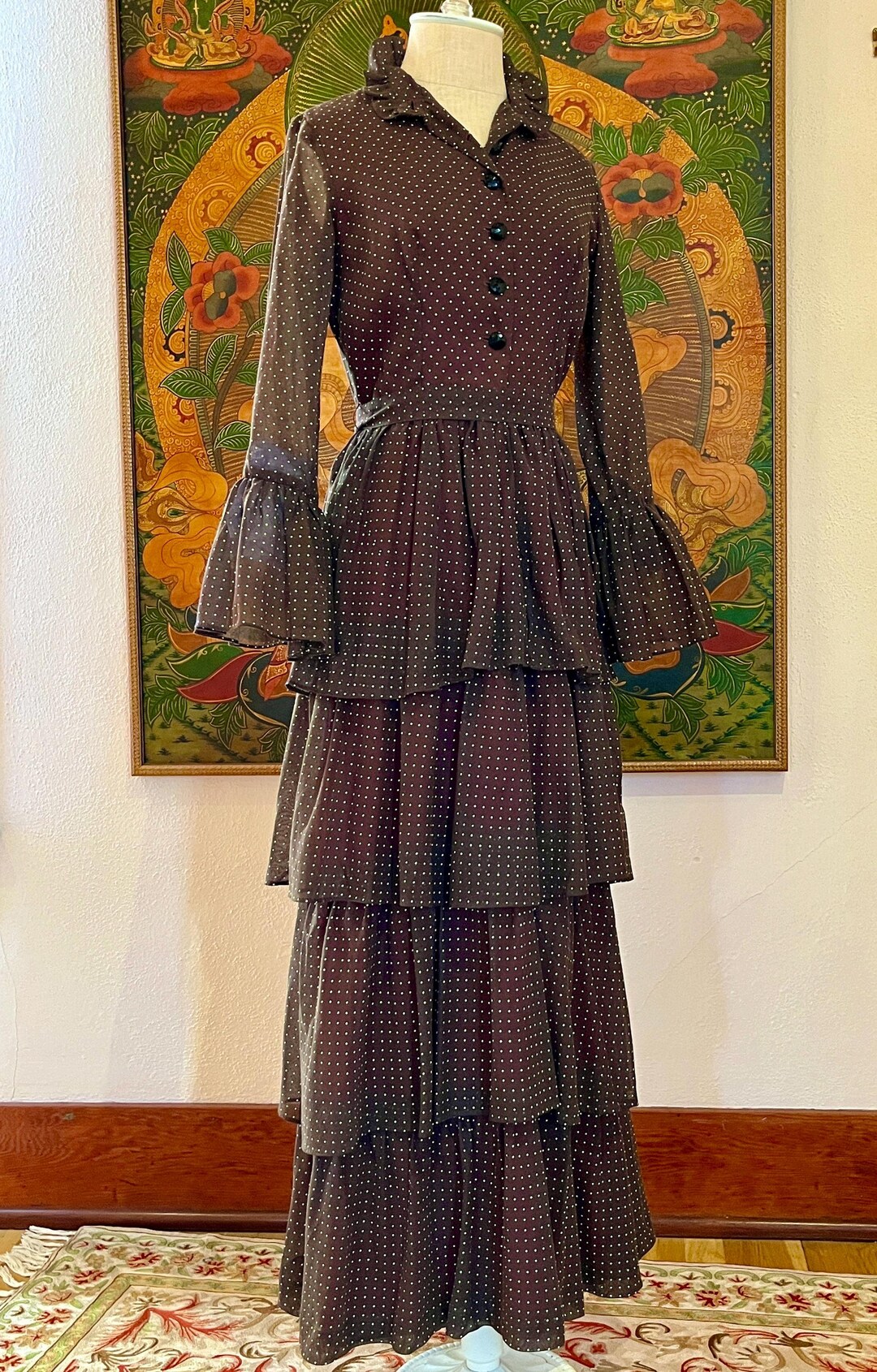 70s RUFFLED DOTTED SWISS Dress/maxi Brown Long Bell Sleeve Dress ...