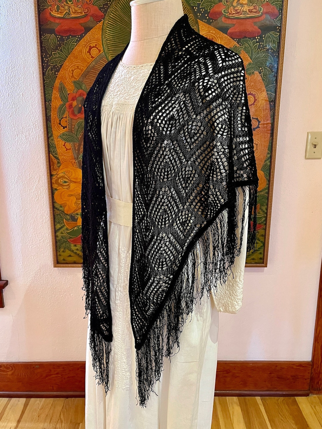BLACK LACE SHAWL/ Crocheted Triangular Shawl/ Fringed Black Shawl ...