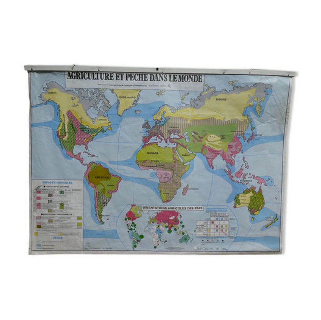 Vintage MDI School Map Agriculture and Fishing in the World - World Map ...