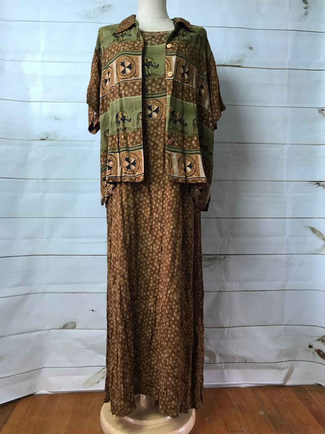 ON SALE Vtg Stonebridge Dress 2 Piece Set Animal Print Green Brown L/XL ...