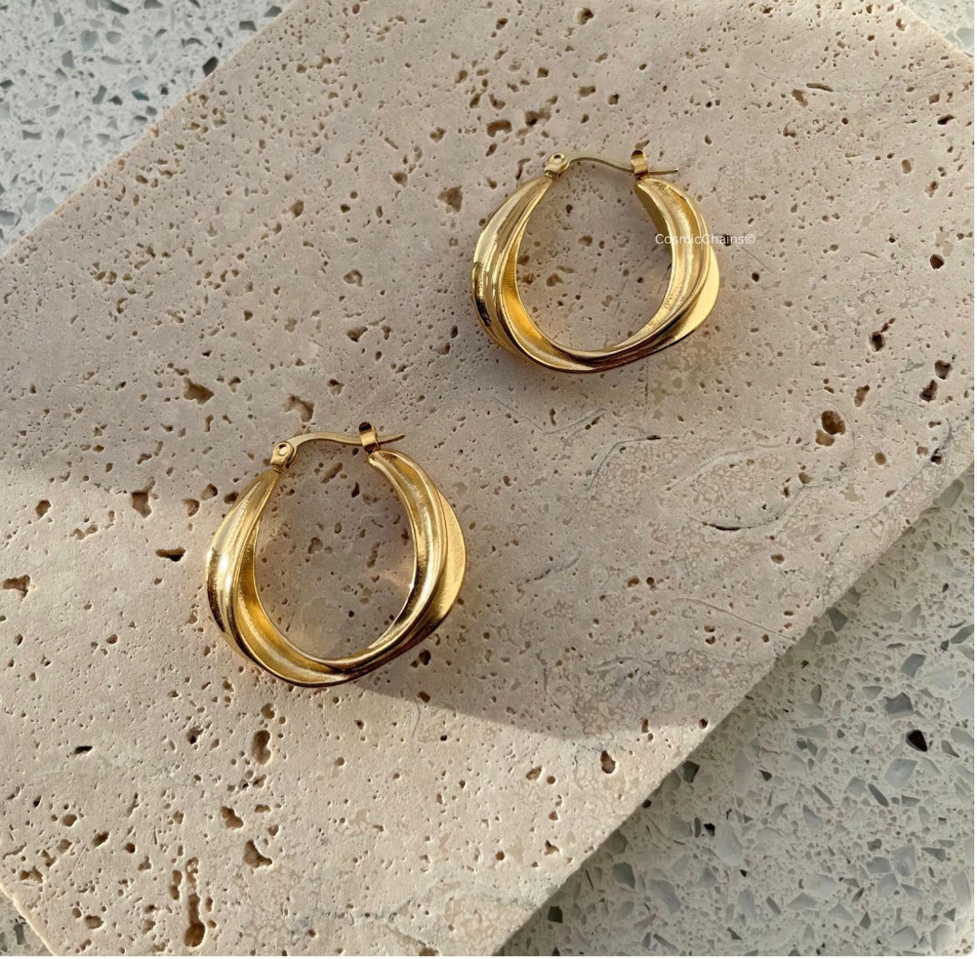 Medium Hoops - Chunky Gold Hoops - Thick Gold Hoops - Golden Hoops - Vintage Gold Hoops - 18K ...