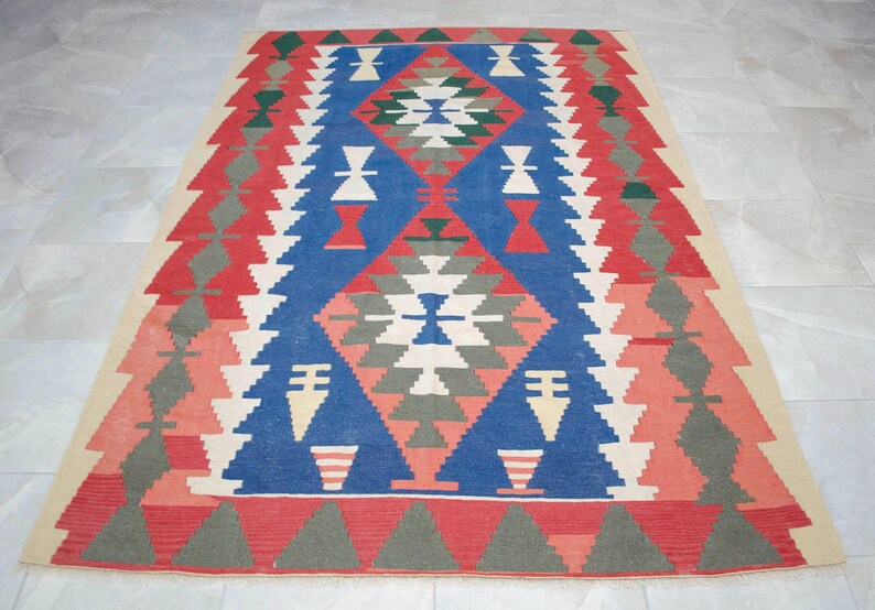 5x8 Ft Blue OUSHAK RUG Hand Woven Vintage Turkish Kilim Flat Weave Area ...