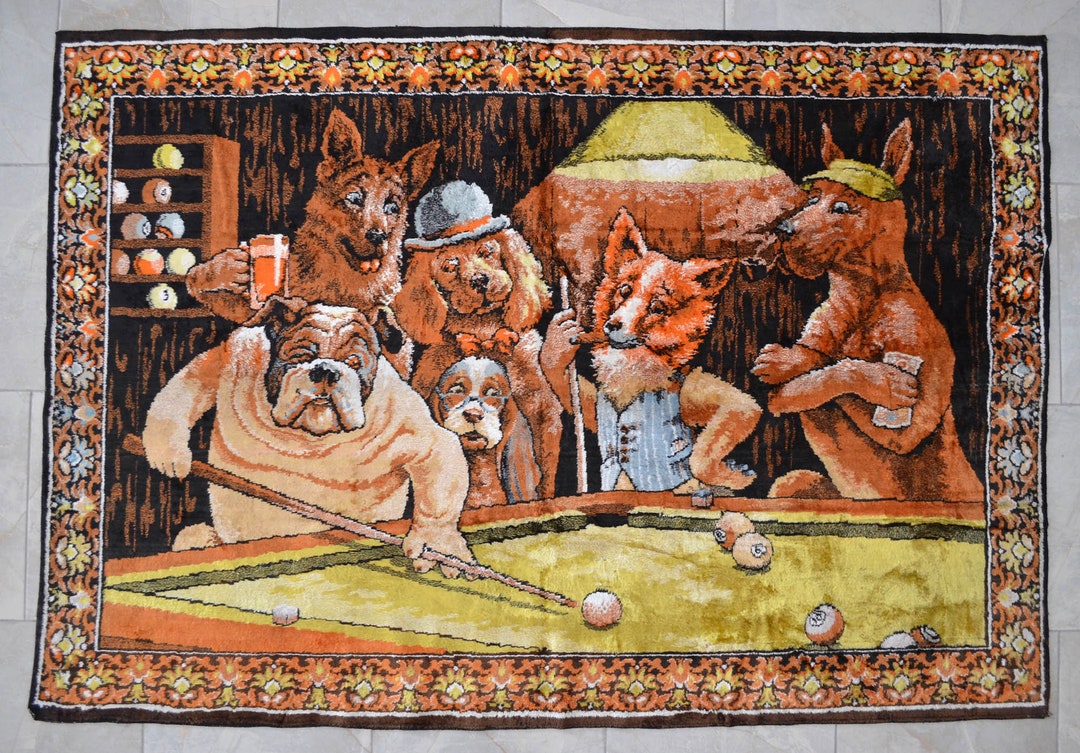 Dogs Playing Billiards Themed Wall Rug Vintage Tapestry RARE Wall Decor ...