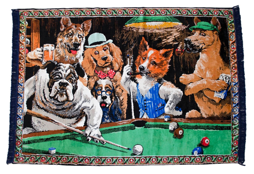 Dogs Playing Pool Billiards Themed Wall Rug Vintage Tapestry RARE Wall ...