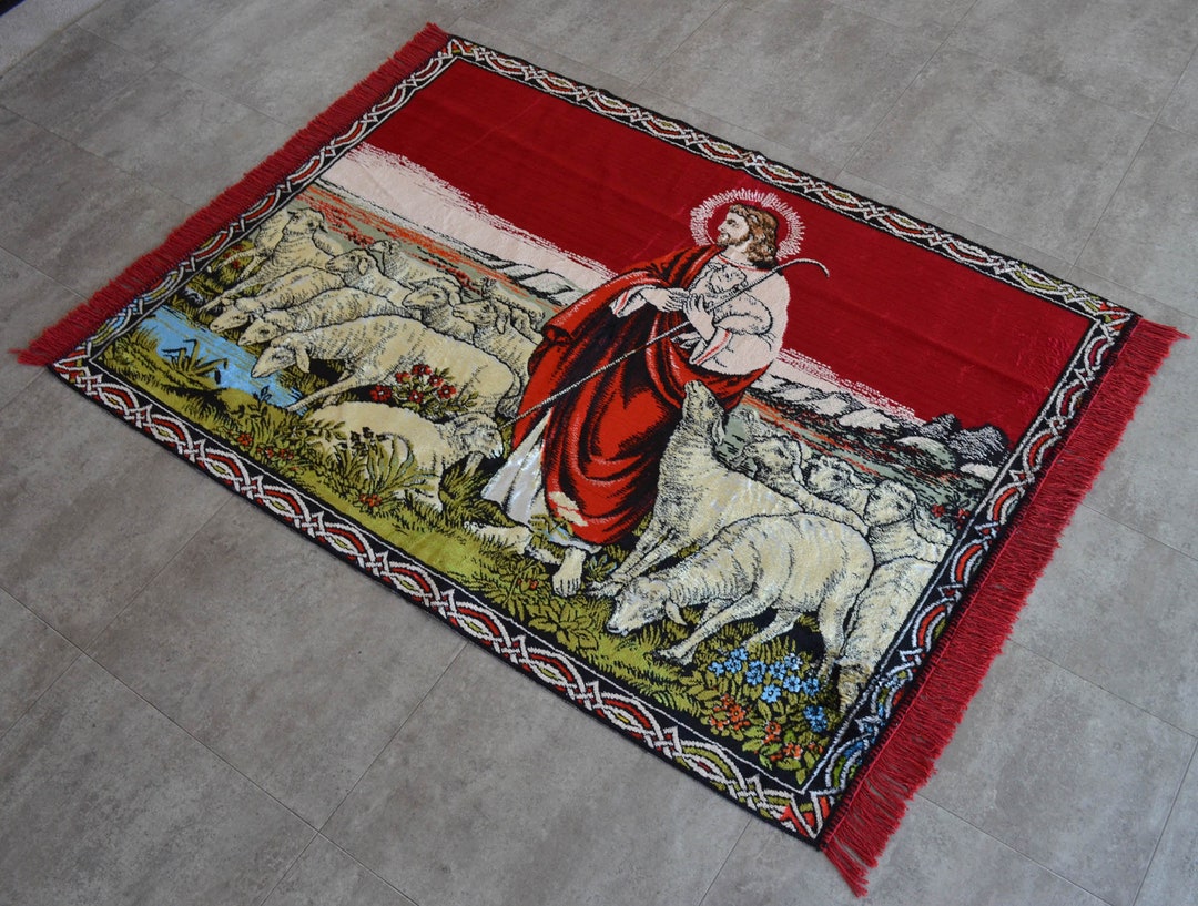 The Good Shepherd Jesus Christ Wall Rug 45″ X 65″ Vintage Tapestry 115 ...