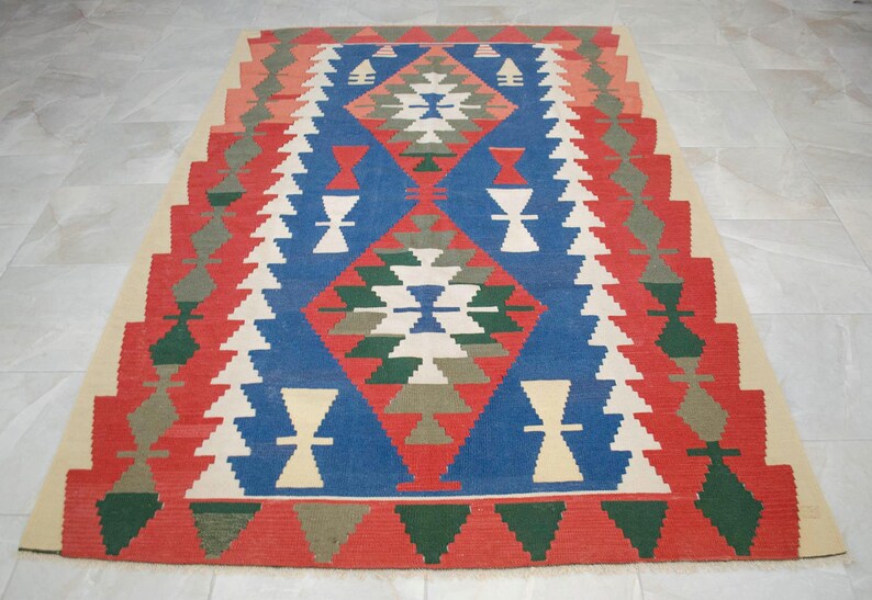 5x8 Ft Blue OUSHAK RUG Hand Woven Vintage Turkish Kilim Flat Weave Area ...