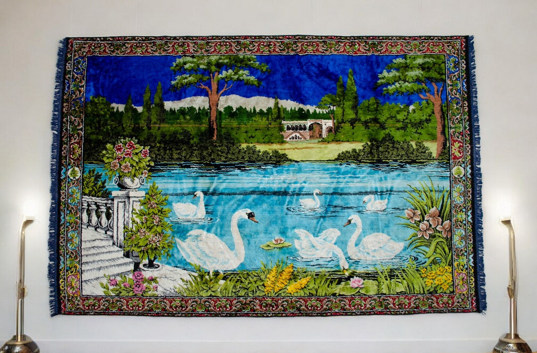 Swan Lake Themed Tapestry 47″ X 71″ Rayon Wall Rug. Vintage Hollywood ...