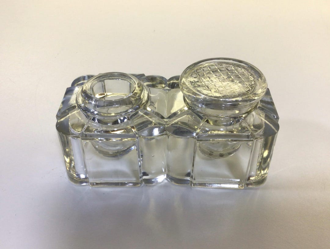 Vintage Heavy Clear Glass Double Ink Well. Clear Glass Inkwell With Two ...