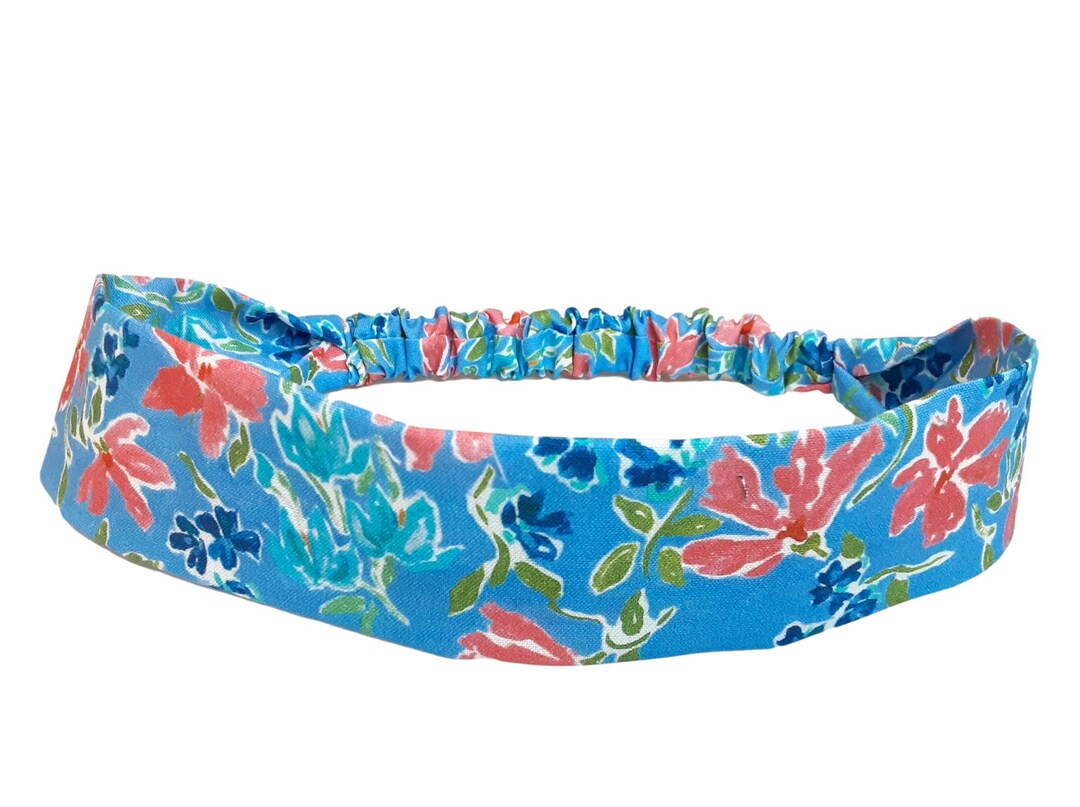 Blue Floral Narrow Headband, Skinny Hair Band With Elastic for Women ...