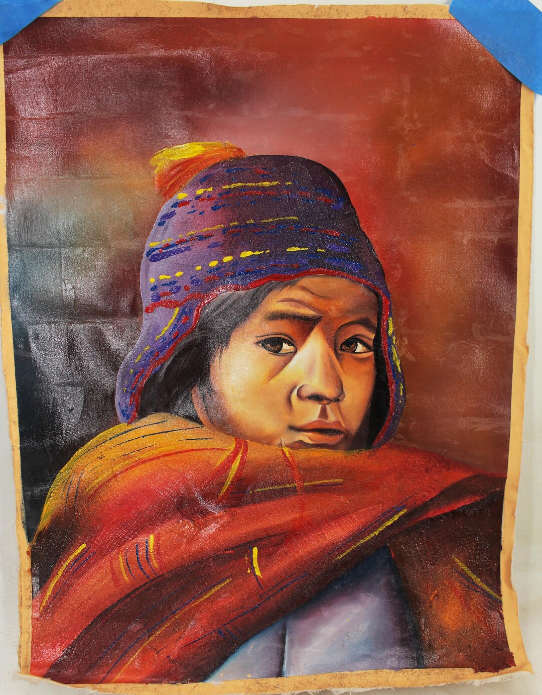 14x18 Inch Peruvian Oil Painting on Canvas of Child Shepherd? Probably ...