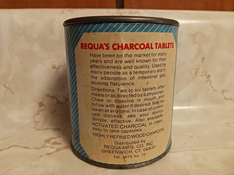 Vintage Requa's Charcoal Tablets Cardboard & Metal Tin, Partial ...
