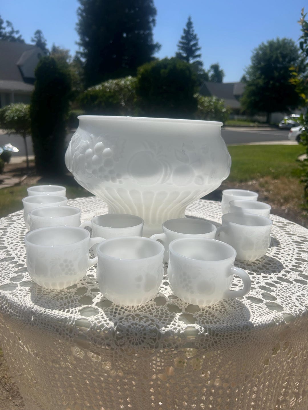 Vintage Jeanette White Translucent Milk Glass Fruit Pattern Punch Bowl ...