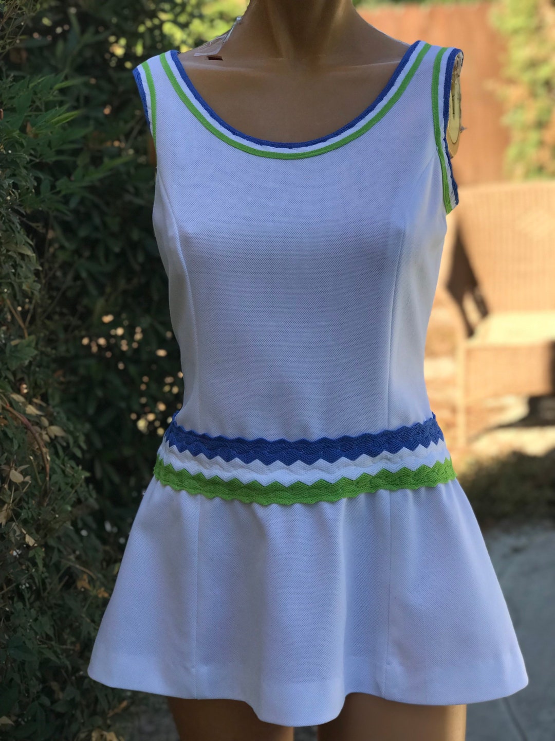 Vintage 1970s White Polyester Tennis Dress W Blue White & Green Rick ...