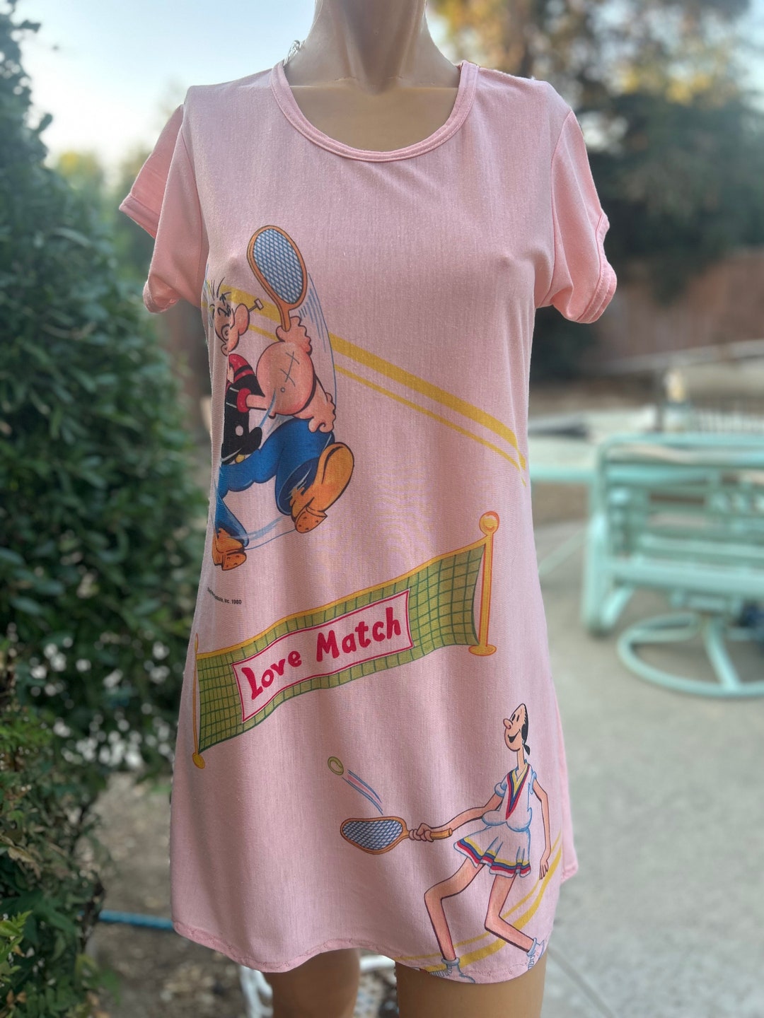 Vintage Comical Tee Shirt Fabric Popeye & Olive Oil Playing Tennis Size ...