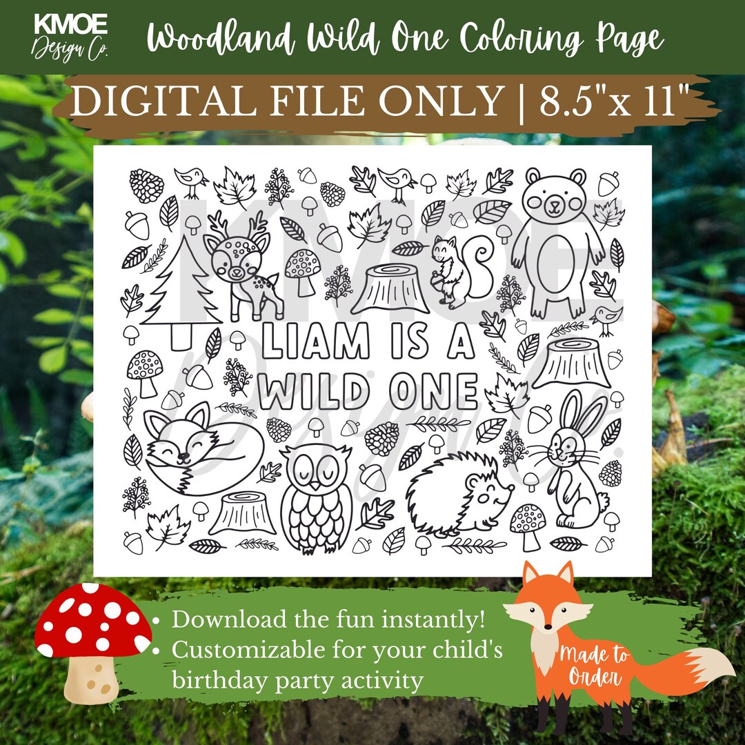 Woodland Wild One Birthday Personalized Coloring Page Fox First ...